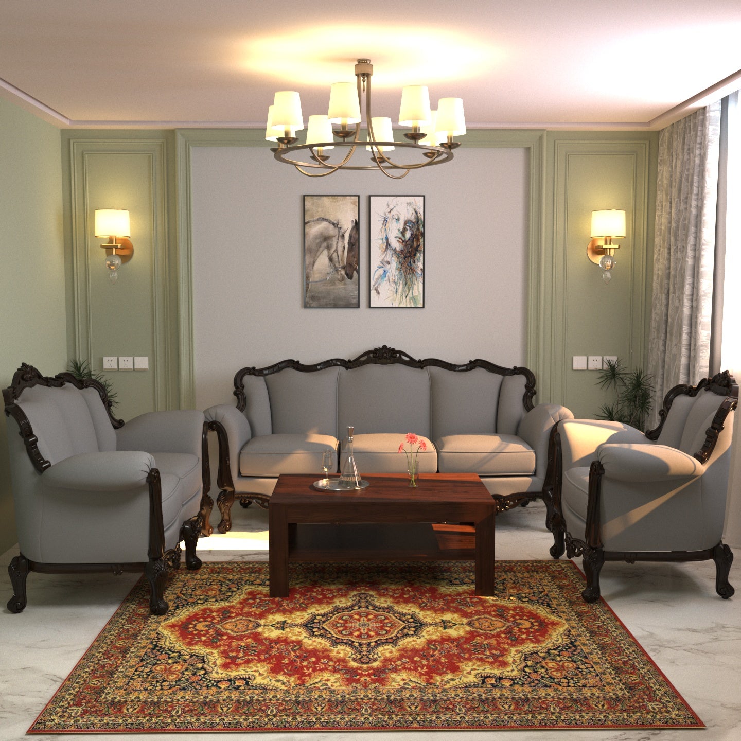 Glorious Gray Premium Style Wooden Guest Seating Sofa Set