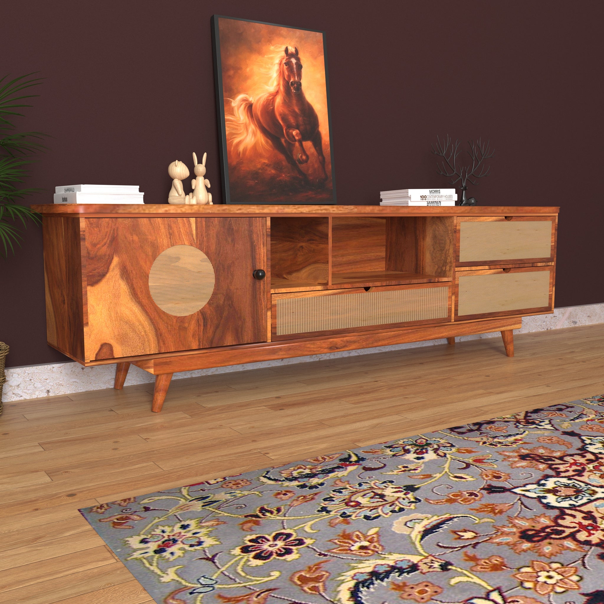 Antique Retro Light Finish Handmade Wooden Multistorage TV Stand for Home