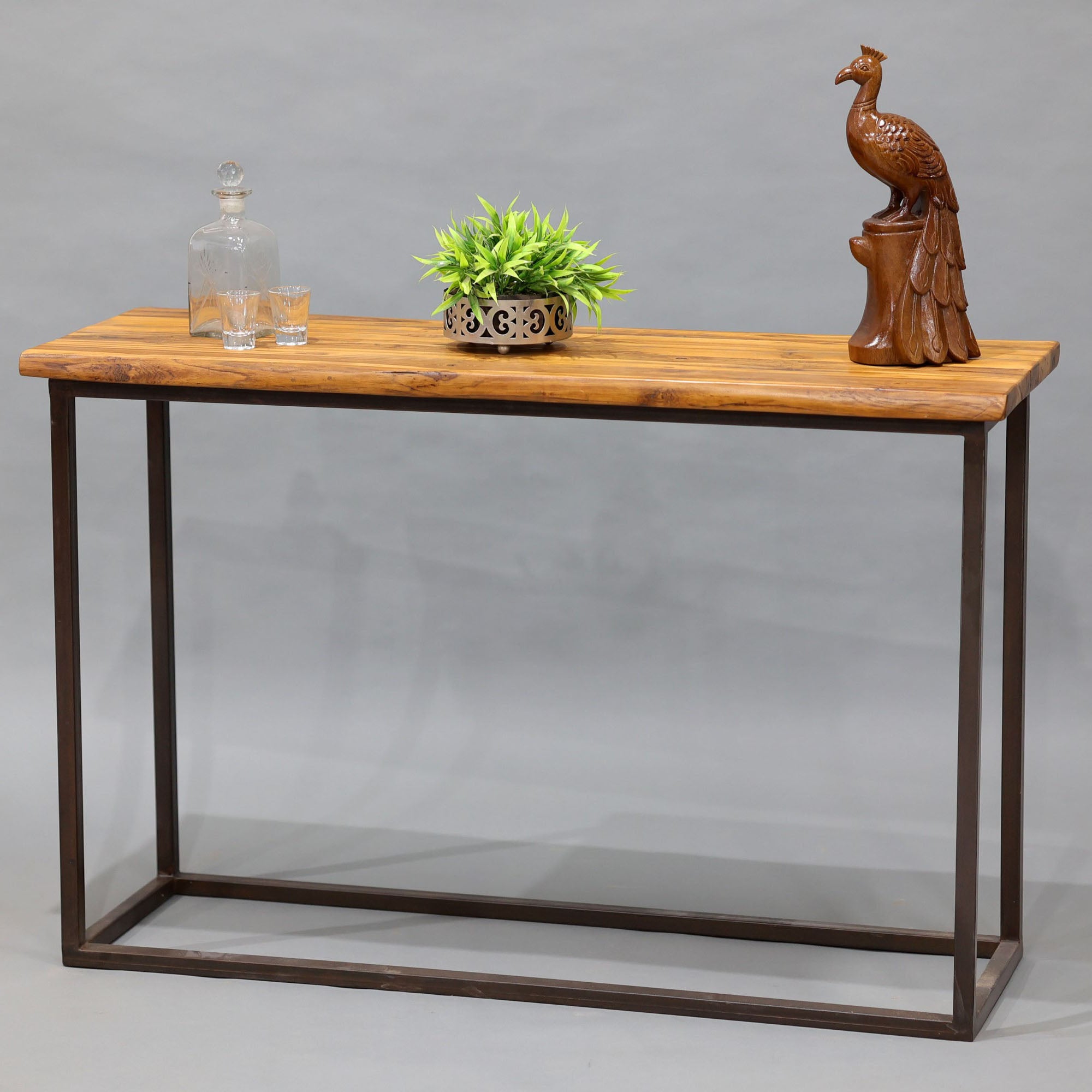 Heritage Finish Metallic Stand Solid wood Top Console Table