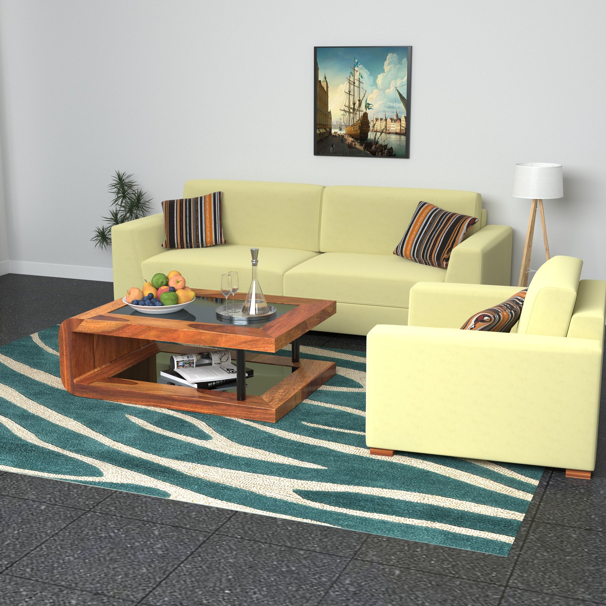 Ivory Yellow Pastel Coloured Comfort 2+1 Seater Sofa + Center Table for ...