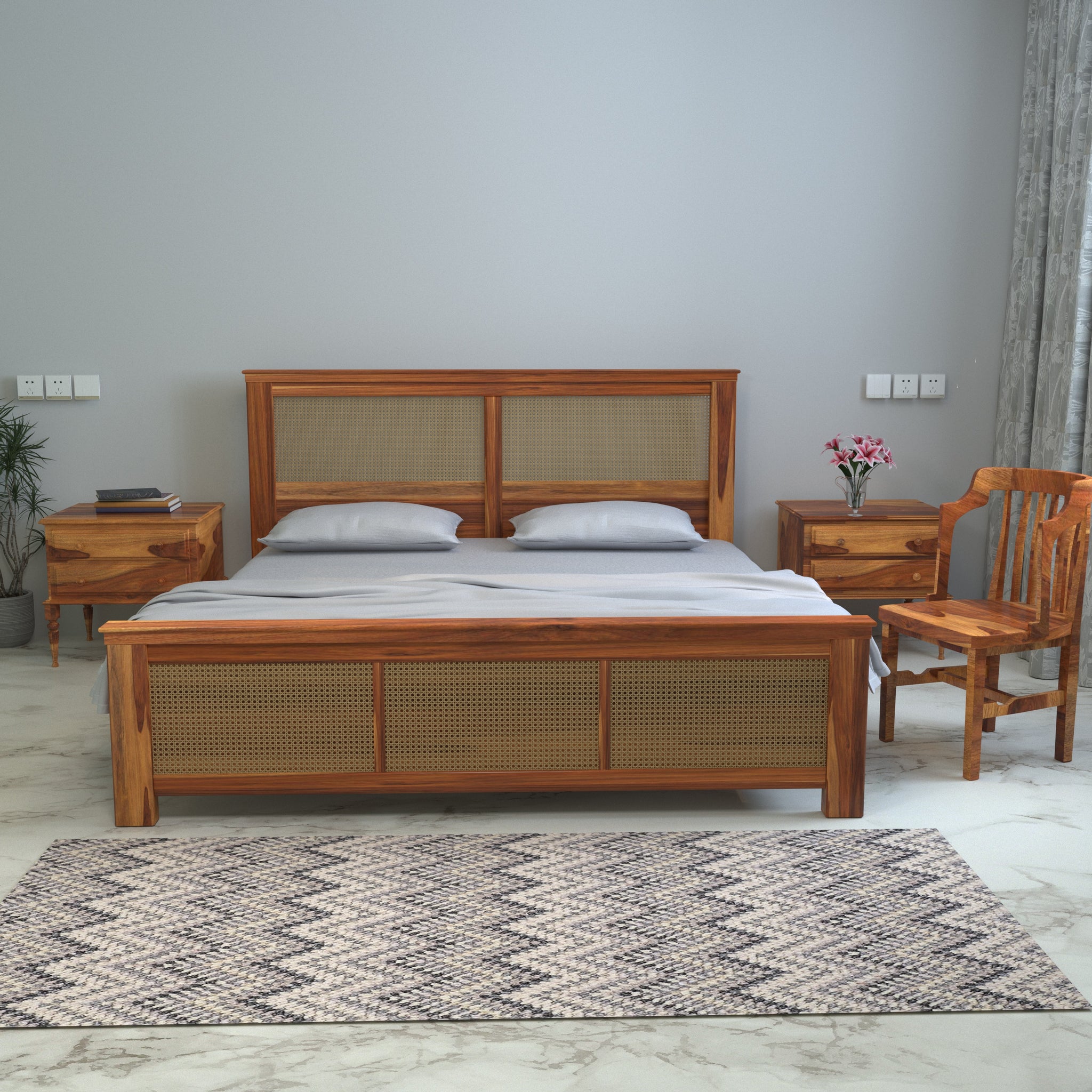 Vintage Simple Wooden Bed with Handmade Glorious Chair and Bedside