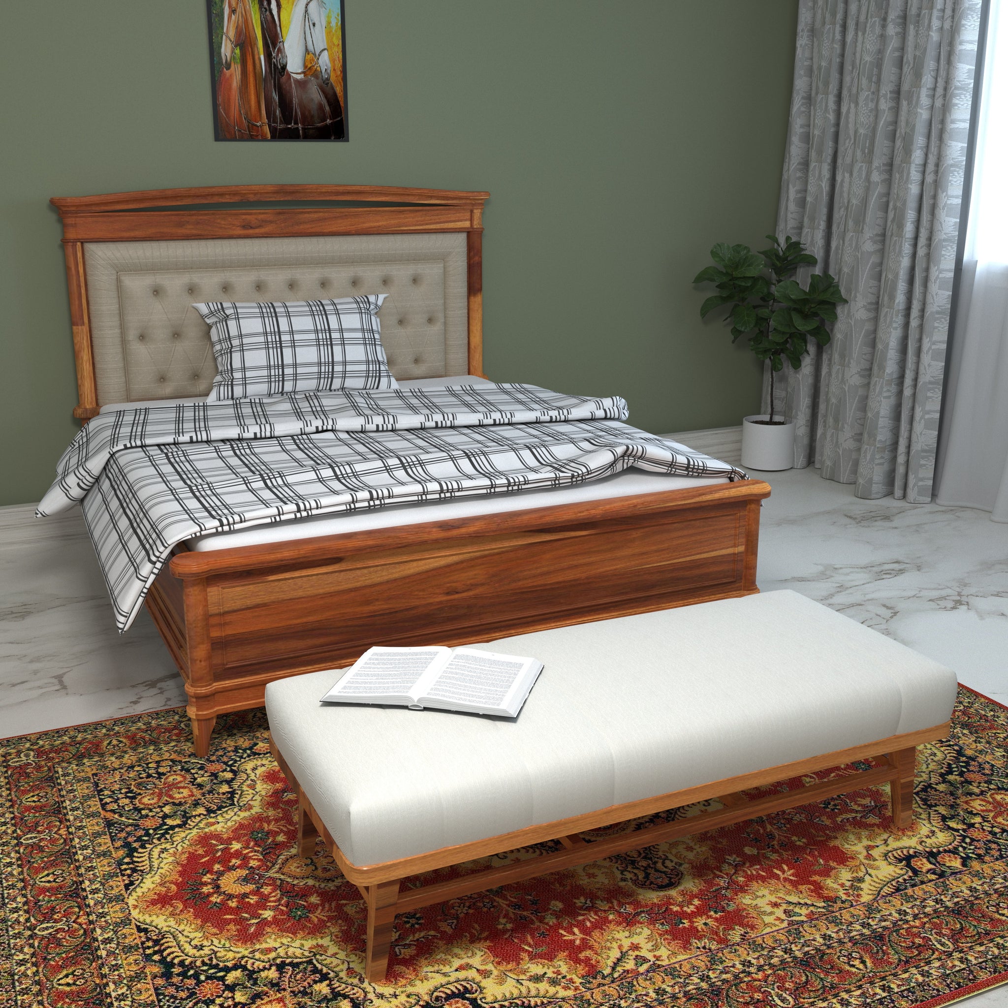 Classic Rustic Natural Indian Handmade Wooden Bed with Soft Long Seati