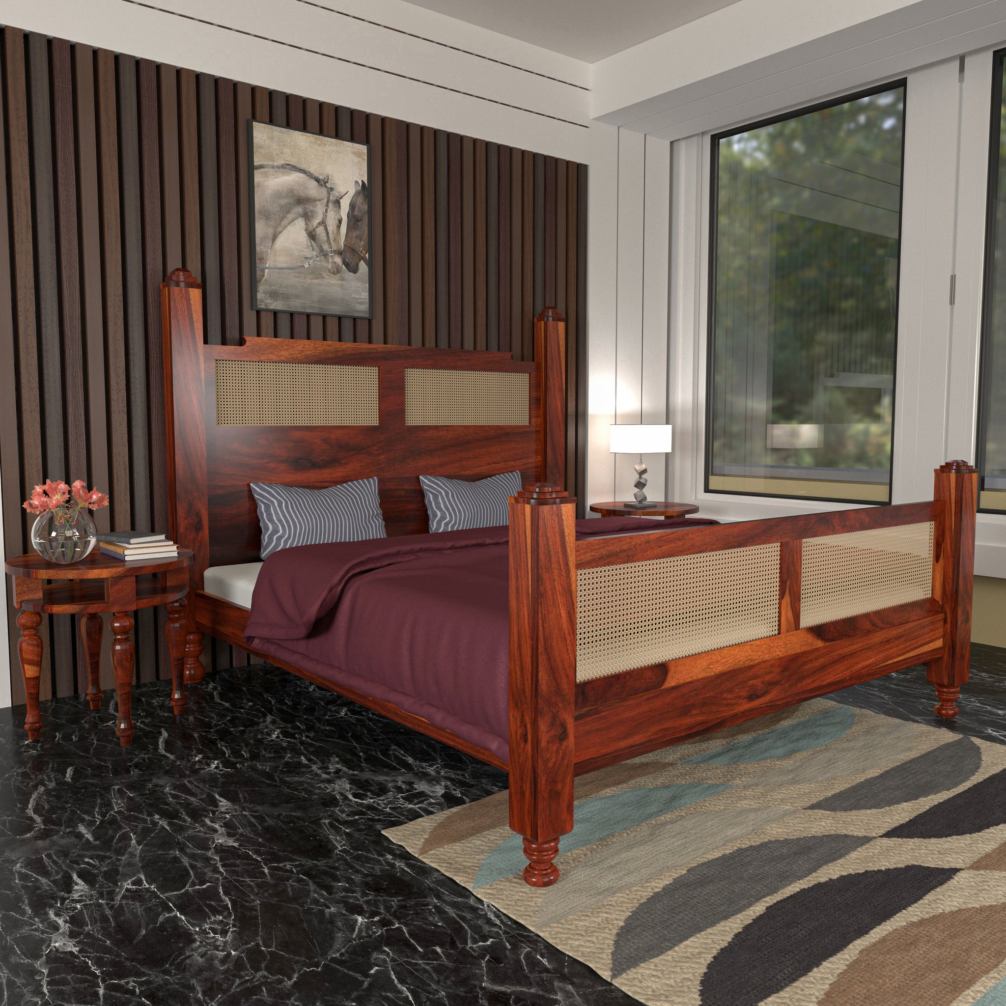 Classic Cane Simple Heritage Style Handmade Wooden Bed with Simple Bed