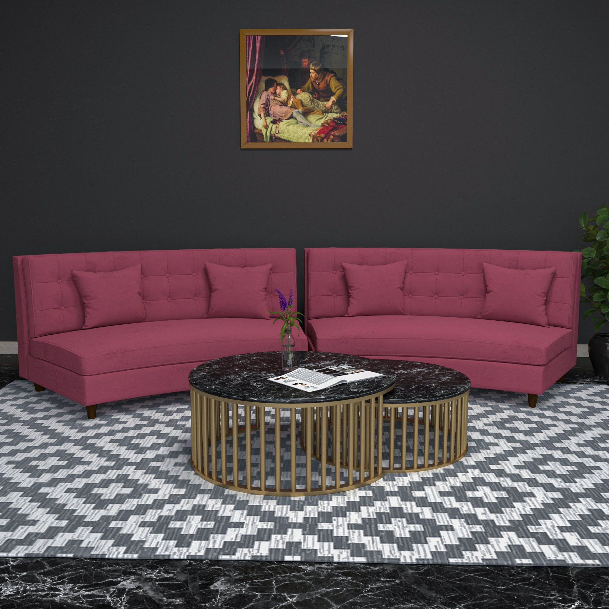 Red Bold Cherry Designed Handmade Long Wooden Sofa Set for Home