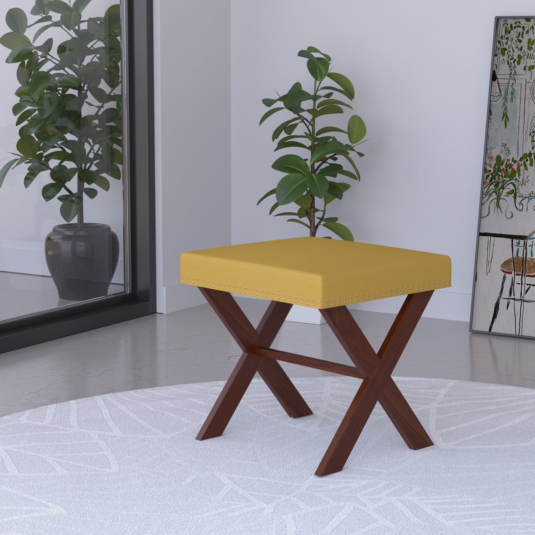 Vintage Light Yellow Finished Wooden Handmade Stool