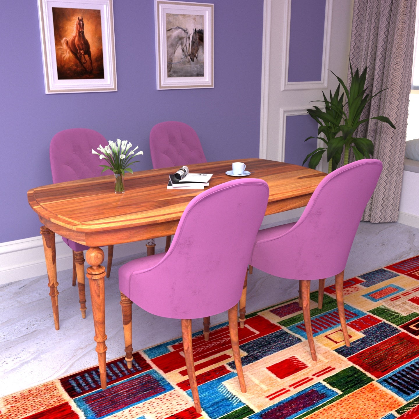 Penta Pink Four Chair with Square Table Wooden Dining Set