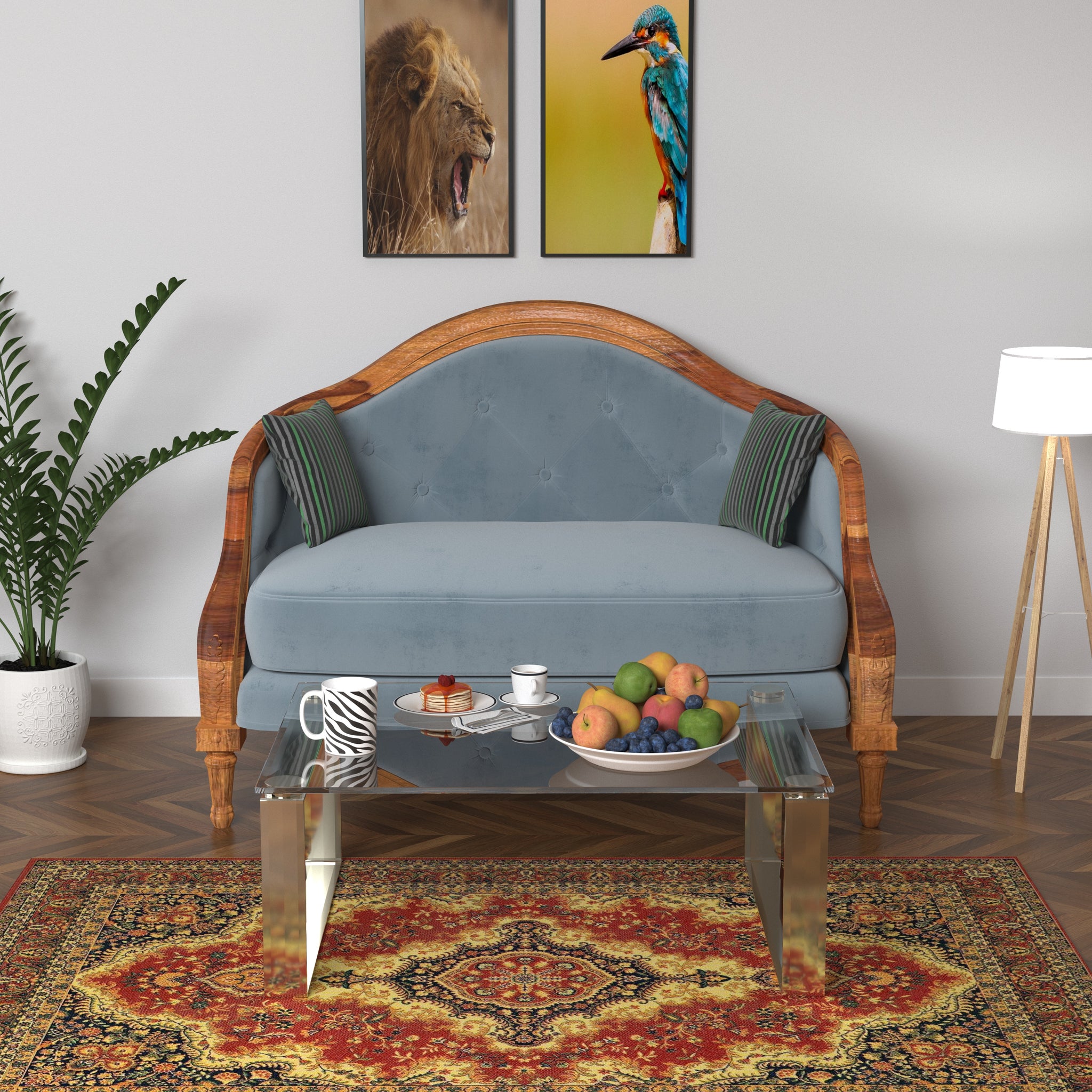 Saffron Blue Double Seater Wooden Vintage Sofa