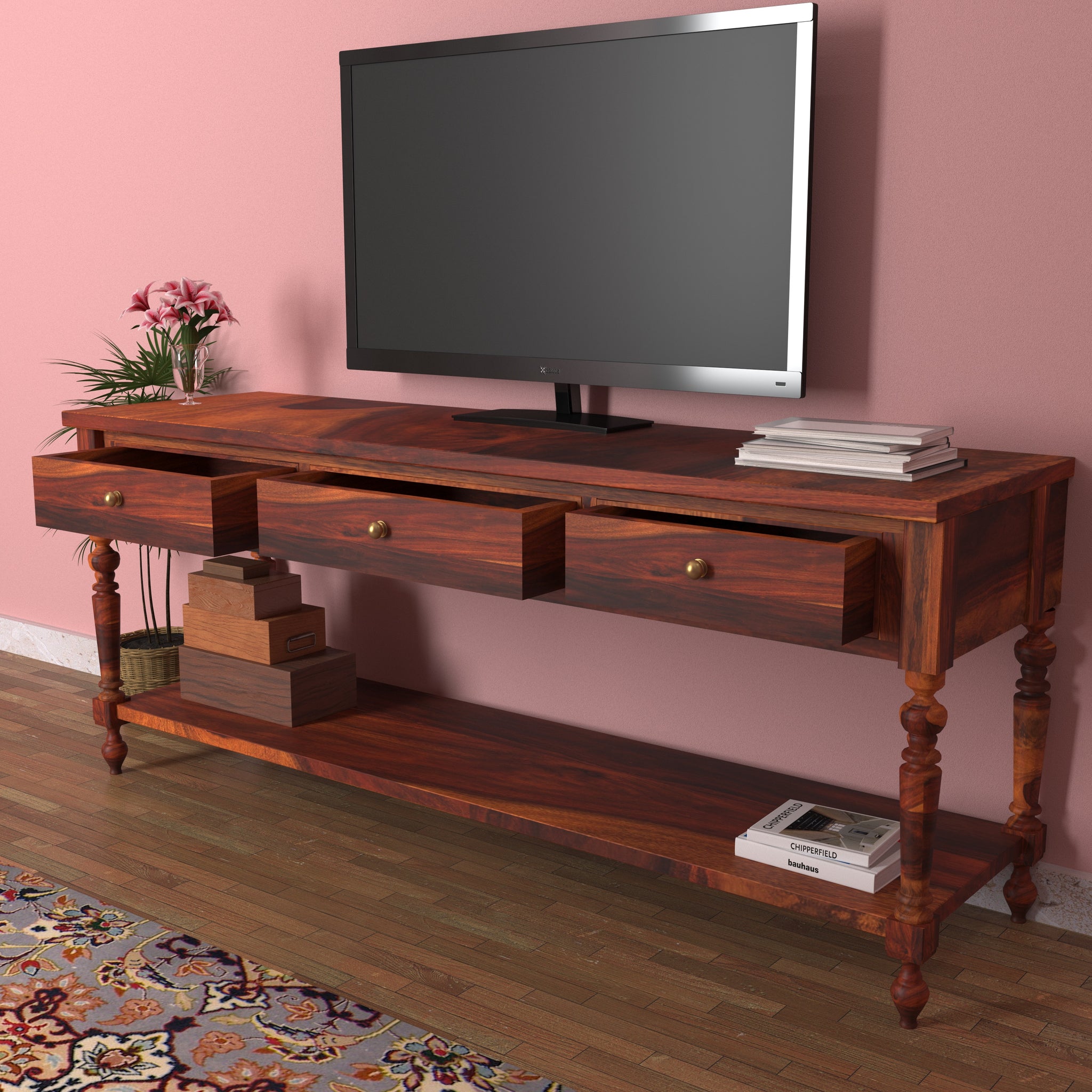 Belgium Rustic Glory Style Handmade Wooden Slim TV Stand for Home