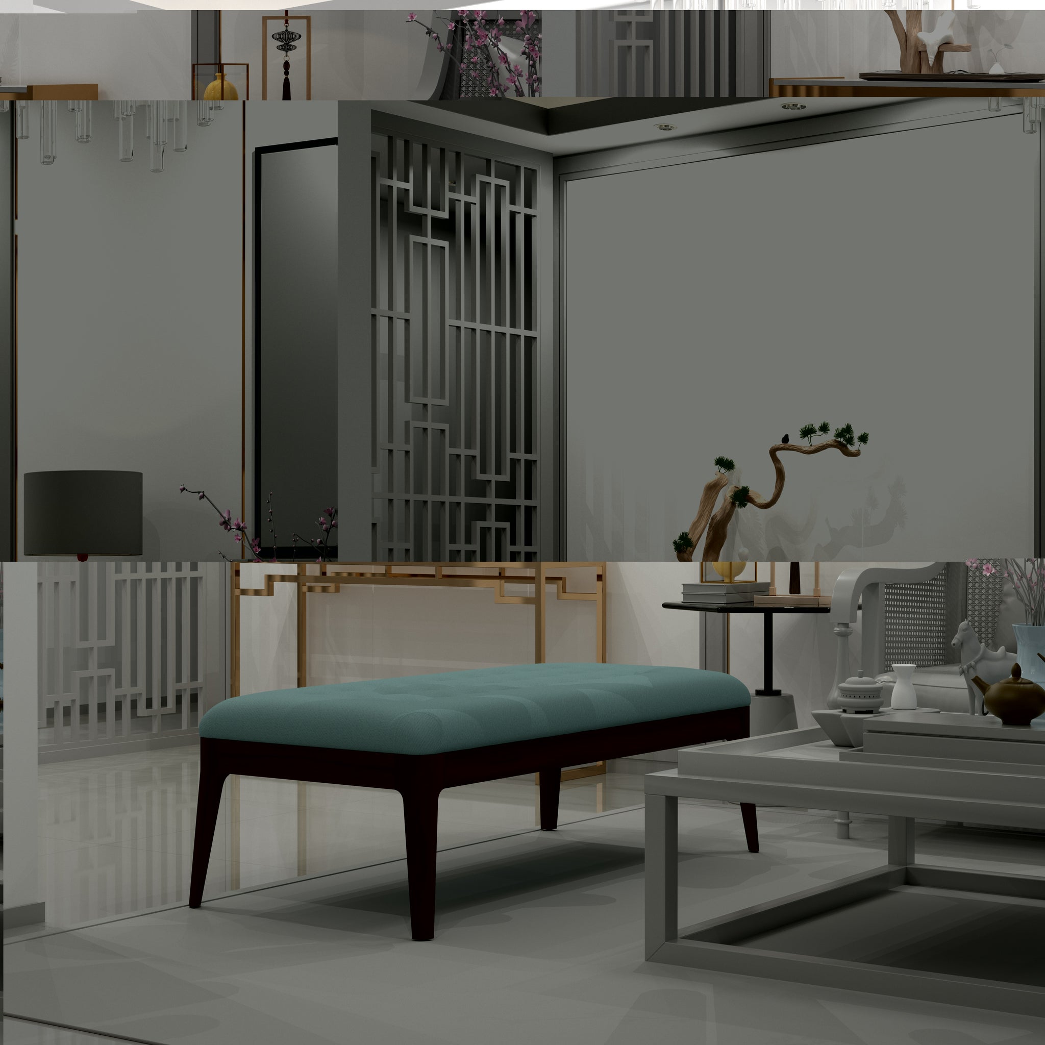 Contemporary Tufted Bench with Soft Blue Upholstery and Dark Wood Frame