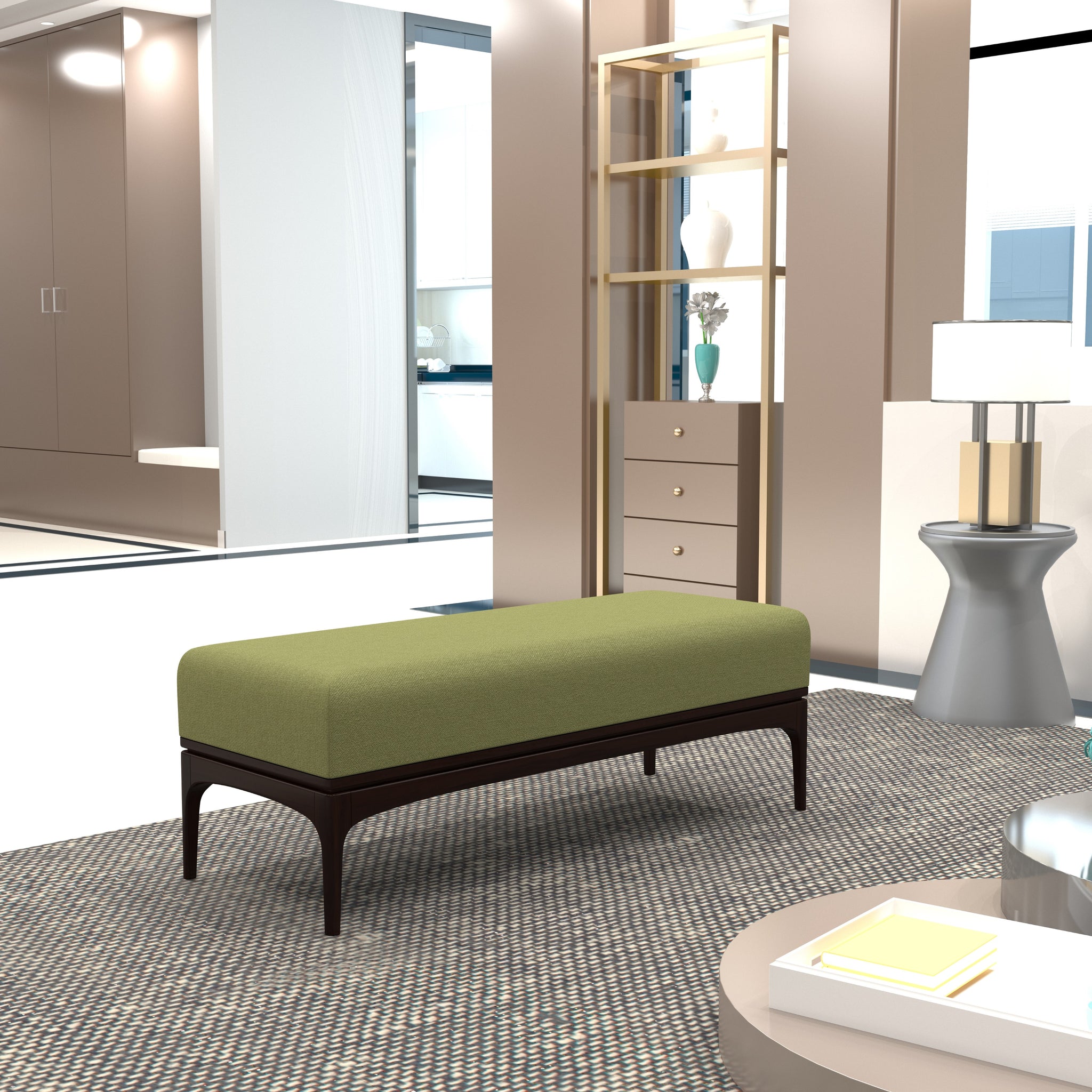 Modern Olive Green Upholstered Bench with Sleek Dark Wood Frame