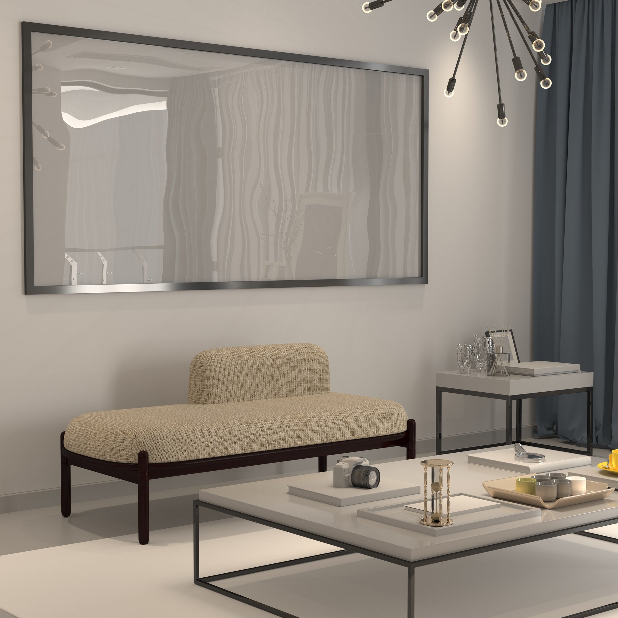 Modern Beige Upholstered Bench with Low Backrest and Dark Wood Frame