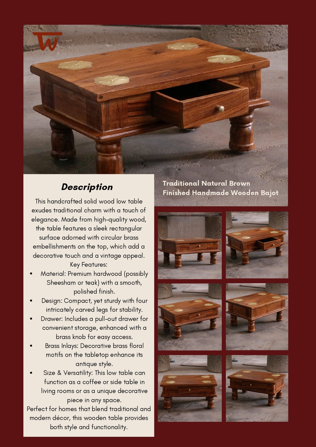 Traditional Natural Brown Finished Handmade Wooden Bajot