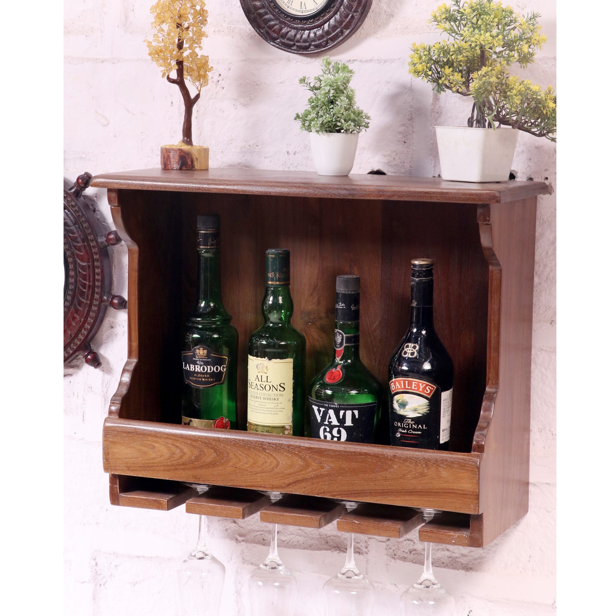 Teak wood wall hanging Bar Rack