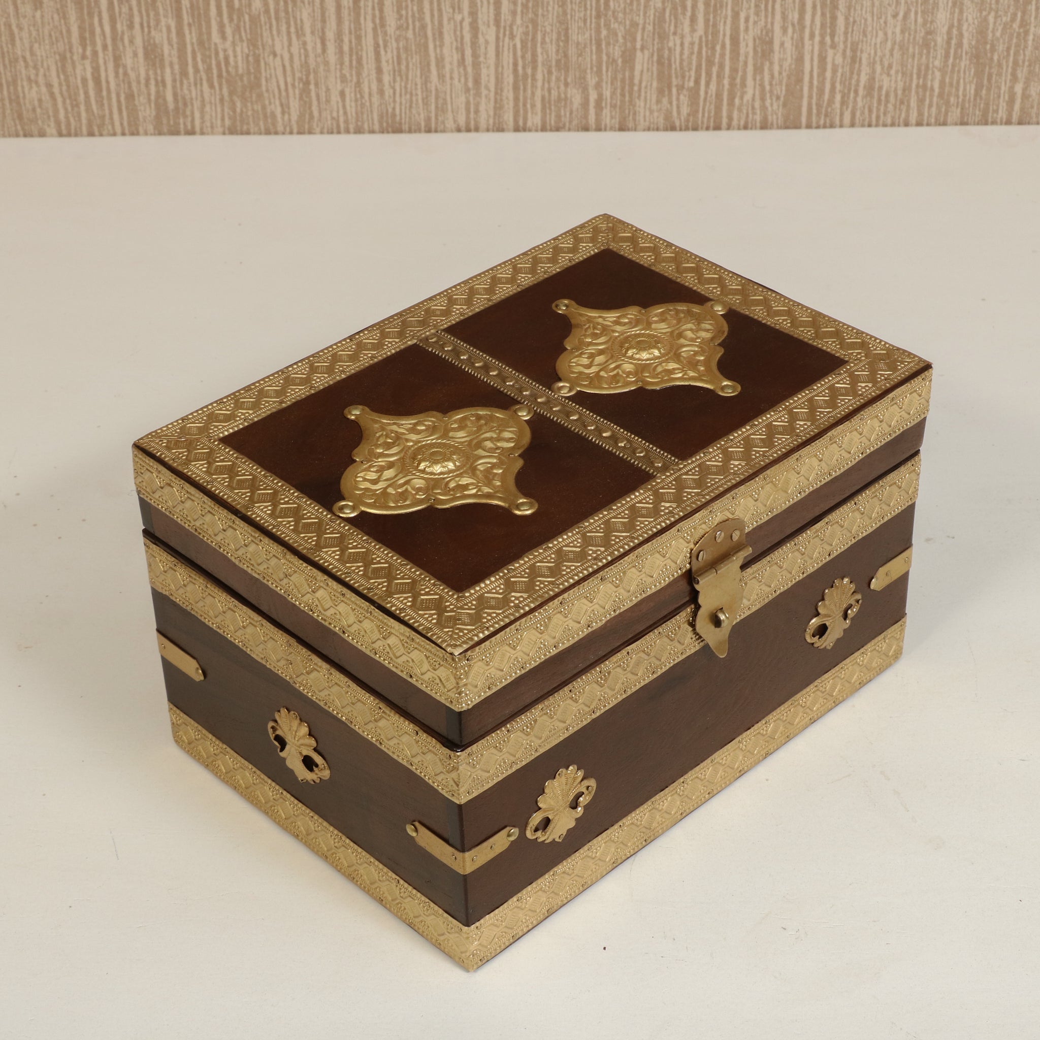 Antique Golden Brass Fitted Wooden Handmade Jewellery Box
