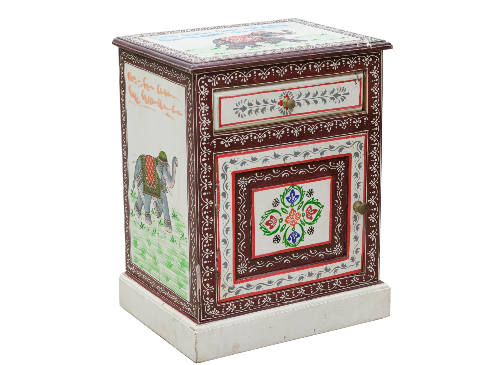 Ethnic Heritage Painted Wooden Handmade Bedside with Storage