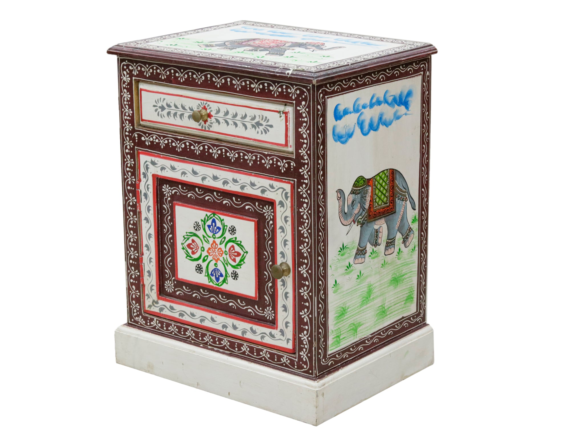 Ethnic Heritage Painted Wooden Handmade Bedside with Storage