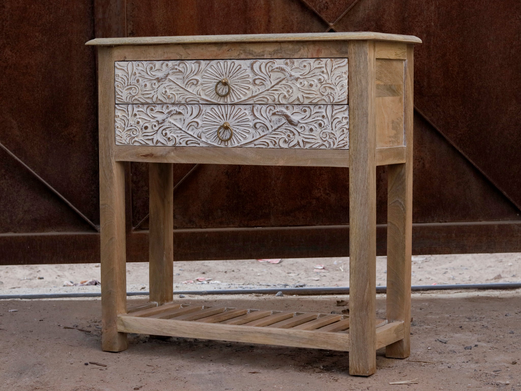 White Distressed Carved Double Drawer Wooden Handmade Drawer's Chest