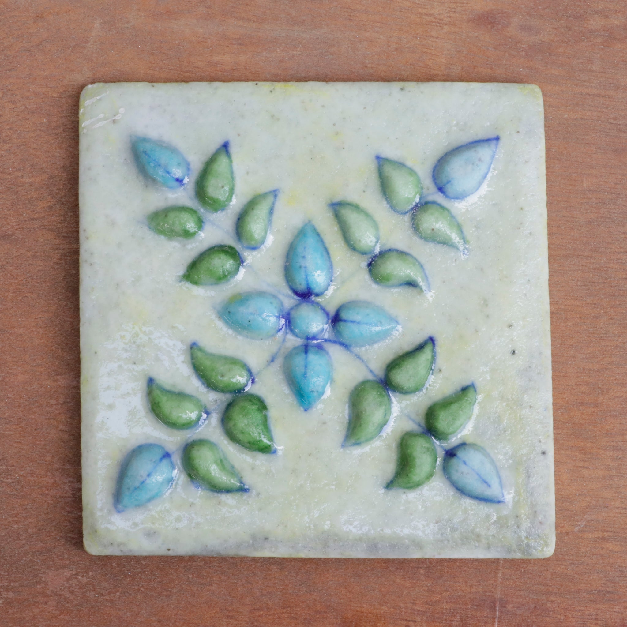 Traditional Flora Embossed Flower Designed Ceramic Square Tile Set of 2