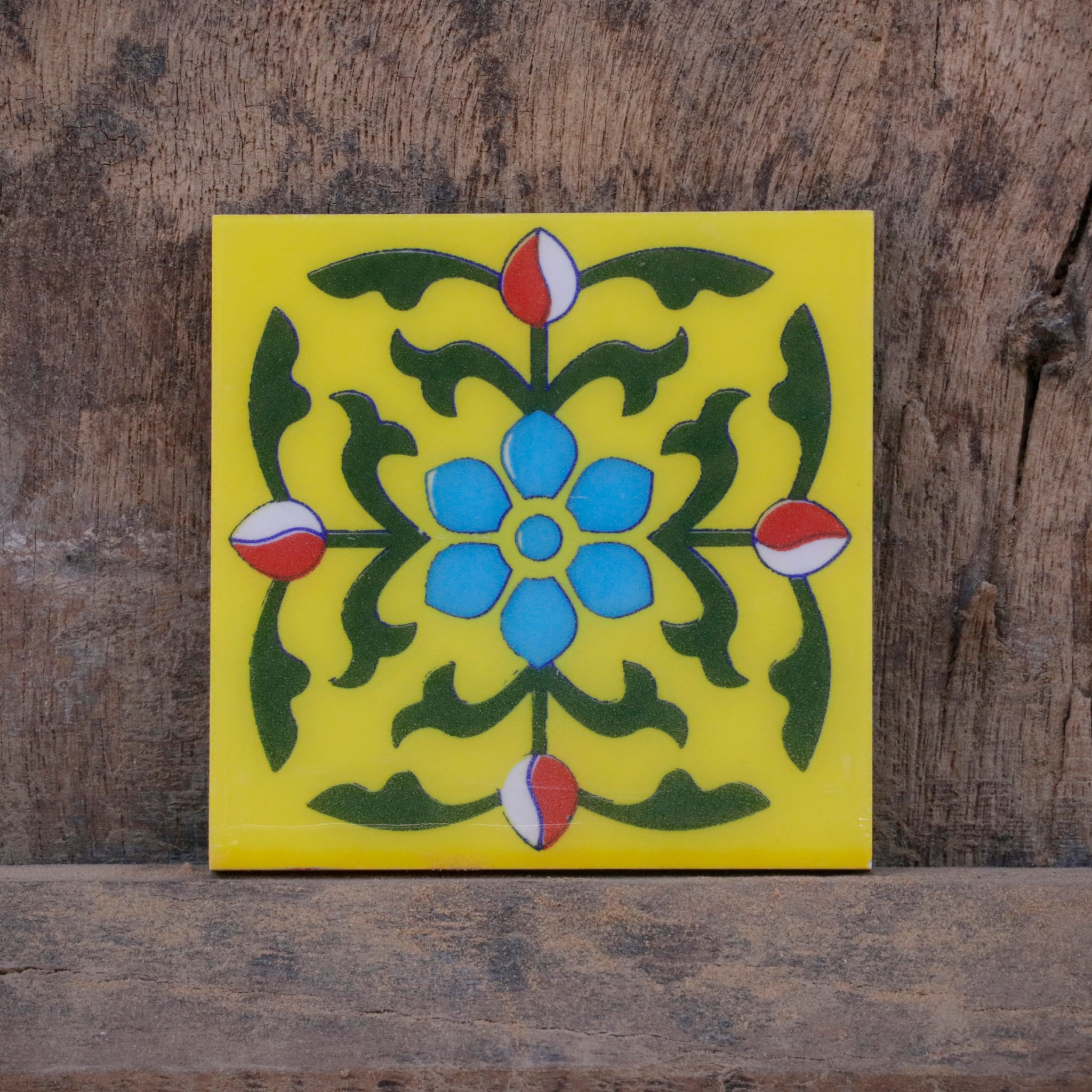 Arotic Yellowish Flowered Themed Ceramic Square Tile