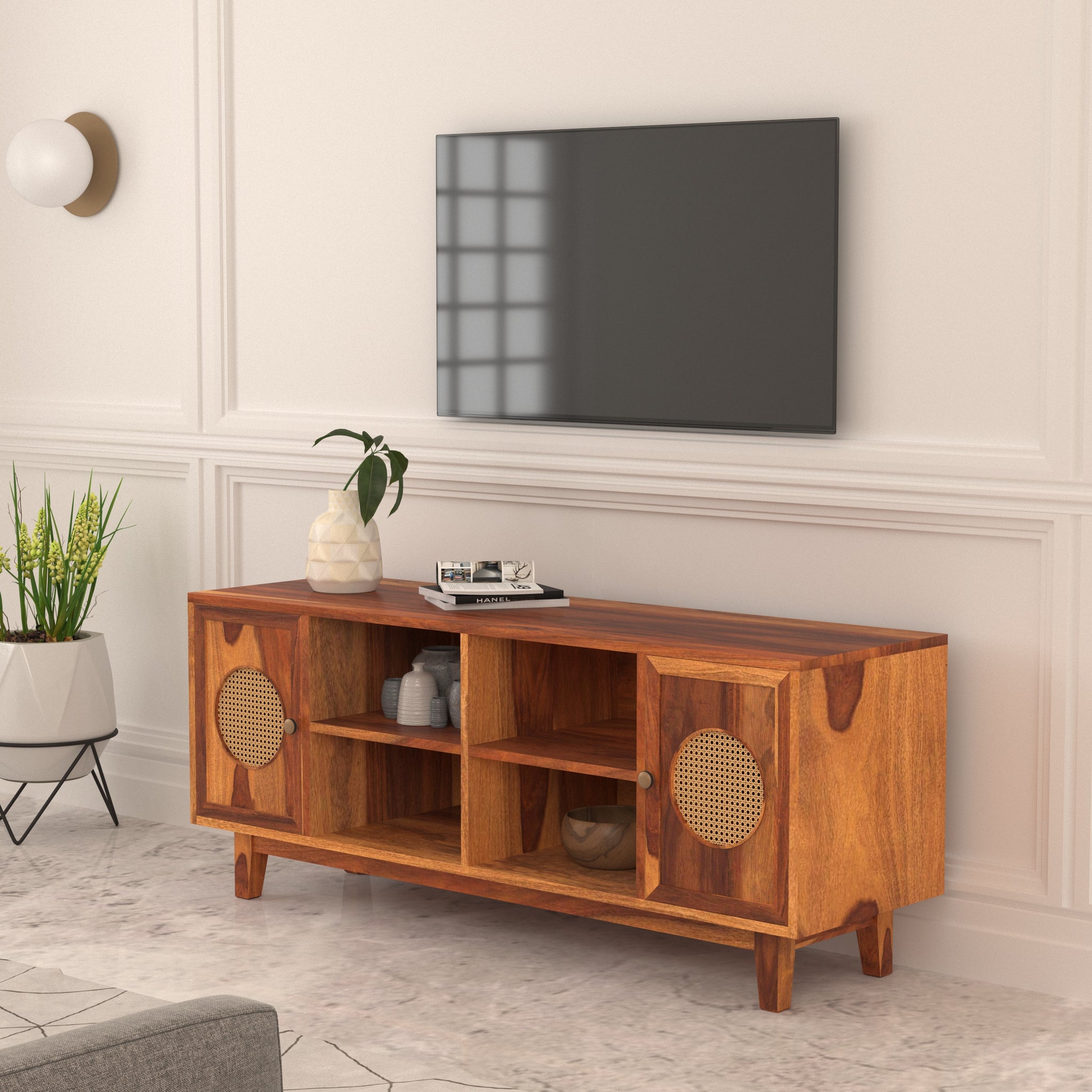 Natural Dark Mahogany Handmade Wooden Multistorage TV Stand
