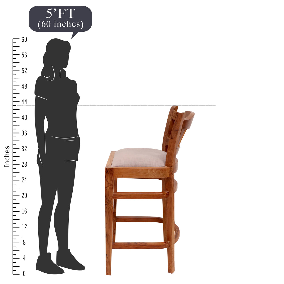 Teak wood bar height chair with curvy design