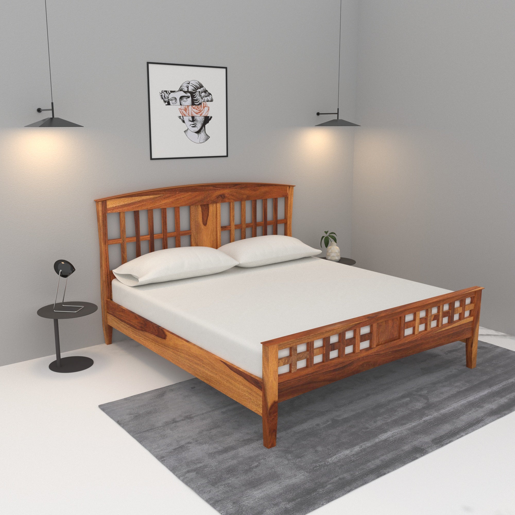 Rectangular Design Bed in Natural Light Brown Finish (Sheesham wood)