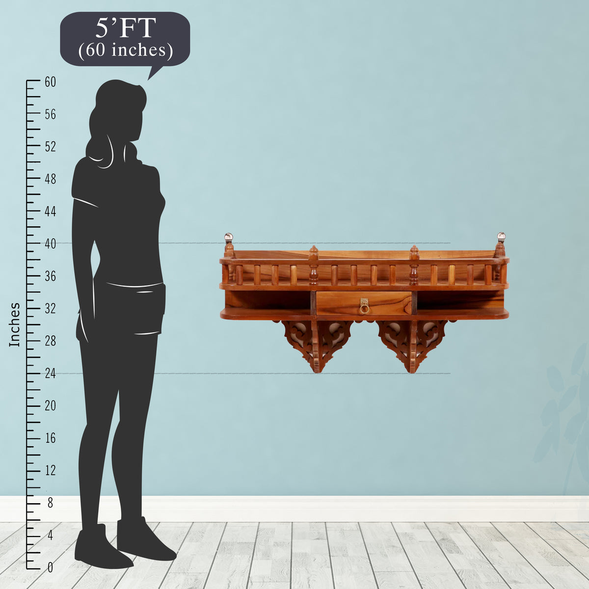 Teak wood wall rack (Bracket) with single drawer & traditional railing