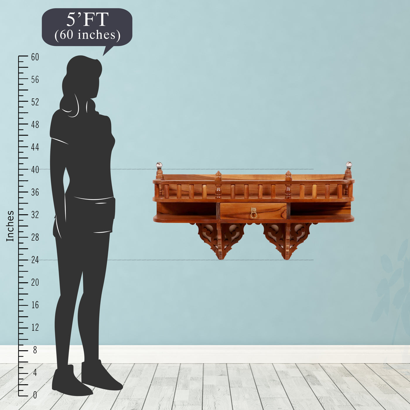 Teak wood wall rack (Bracket) with single drawer & traditional railing