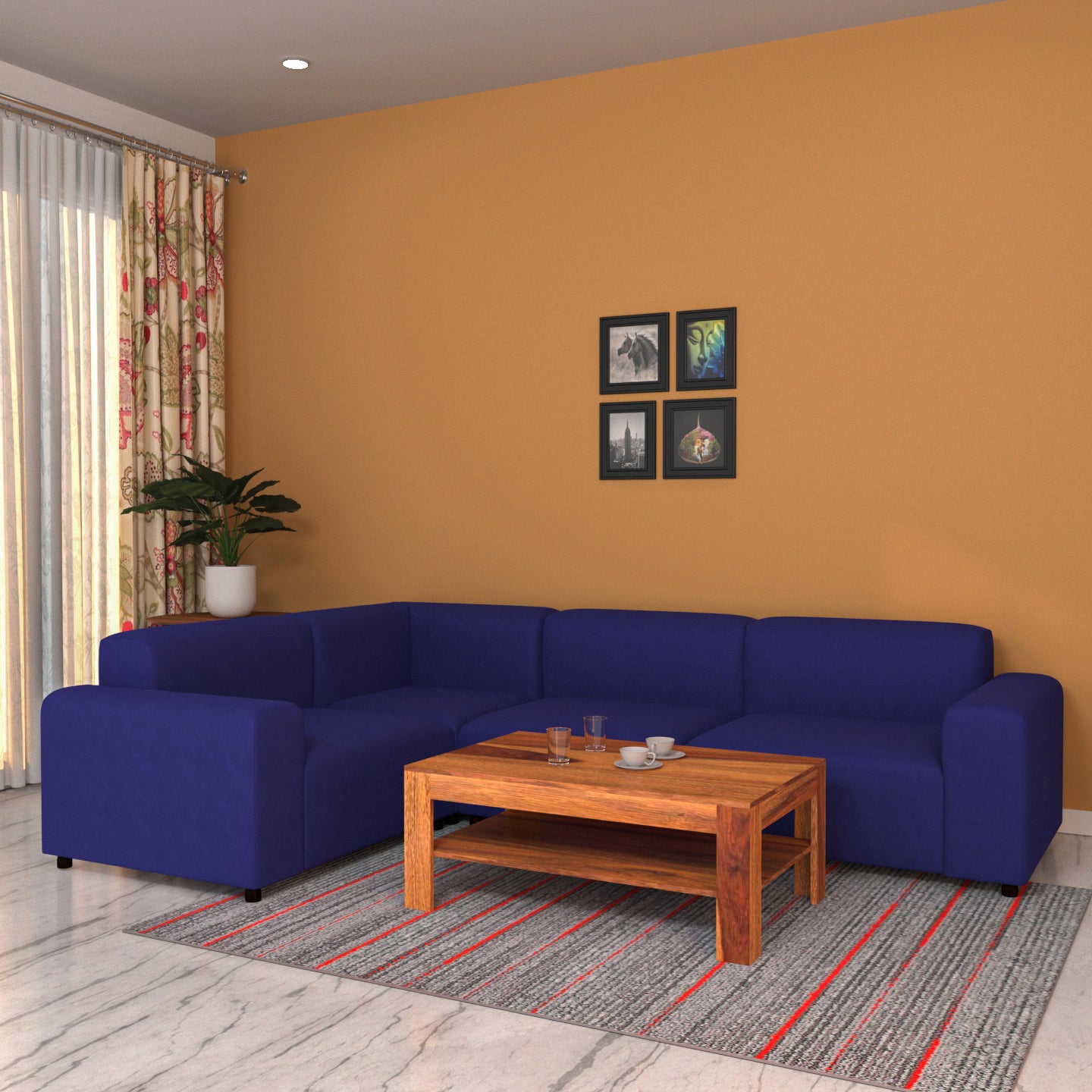 Premium Royal Blue Pastel Coloured Comfort Long L Shaped 4 Seater Sofa ...