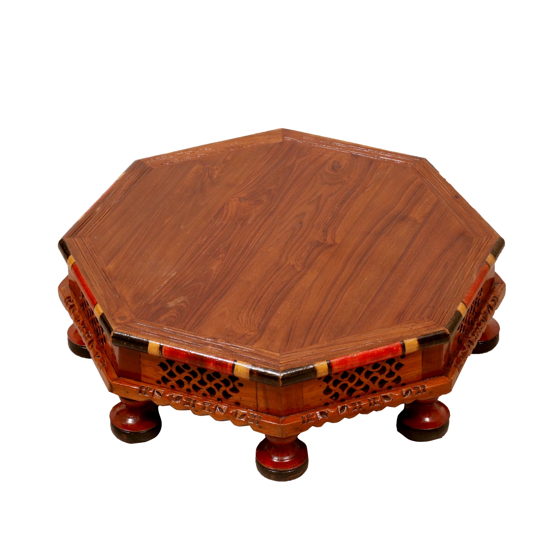 Exquisite Hexagonal Carved Teak Wood Bajot - Intricate Painted Design ...