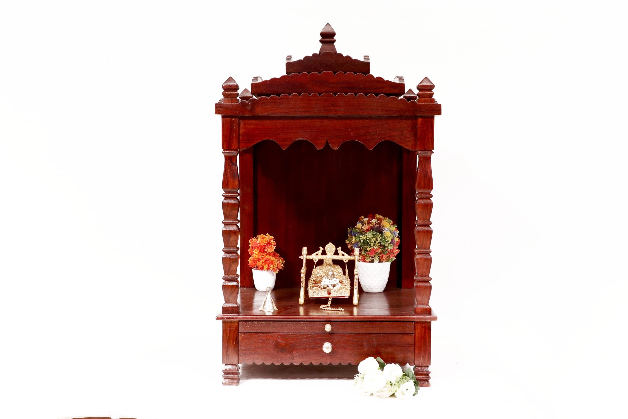 Tiered Wooden Mandir with Tray & Drawer