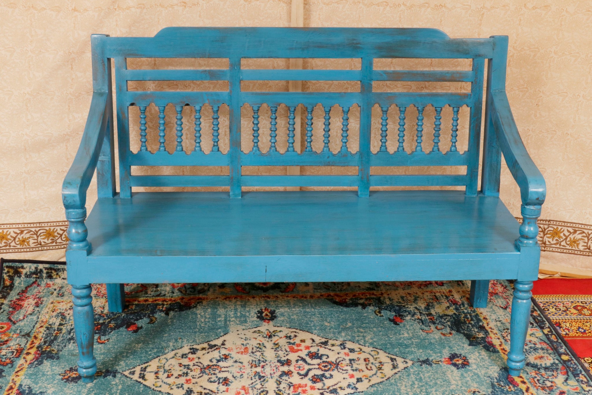 Timeless Charm: Antique Blue Wooden Bench | Vintage Furniture Collection